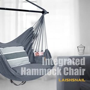 LAISHSNAIL Hammock Chair Swing, Hanging Chair for Bedroom with Metal Support Bar, Integrated Storage Bag, Cushions & Hardware Included, Swing Chair for Indoor or Outdoor (with Hardware-Gray&White)