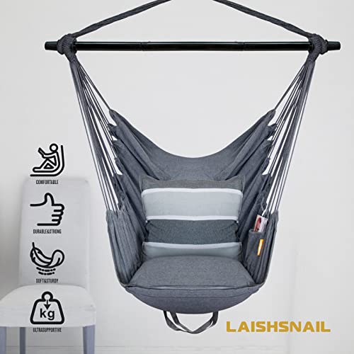 LAISHSNAIL Hammock Chair Swing, Hanging Chair for Bedroom with Metal Support Bar, Integrated Storage Bag, Cushions & Hardware Included, Swing Chair for Indoor or Outdoor (with Hardware-Gray&White)