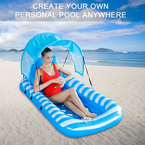 Inflatable Pool Float for Adults with Detachable Canopy and Cup Holder Outdoor Lounge Pool Lounger Rafts with Adjustable Inflatable Pillow for Swimming Lake Beach Vacation (Blue Stripe)