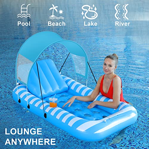 Inflatable Pool Float for Adults with Detachable Canopy and Cup Holder Outdoor Lounge Pool Lounger Rafts with Adjustable Inflatable Pillow for Swimming Lake Beach Vacation (Blue Stripe)