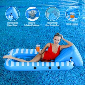 Inflatable Pool Float for Adults with Detachable Canopy and Cup Holder Outdoor Lounge Pool Lounger Rafts with Adjustable Inflatable Pillow for Swimming Lake Beach Vacation (Blue Stripe)