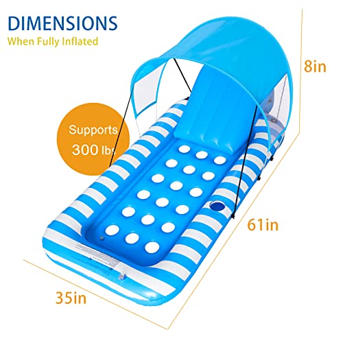 Inflatable Pool Float for Adults with Detachable Canopy and Cup Holder Outdoor Lounge Pool Lounger Rafts with Adjustable Inflatable Pillow for Swimming Lake Beach Vacation (Blue Stripe)