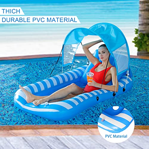 Inflatable Pool Float for Adults with Detachable Canopy and Cup Holder Outdoor Lounge Pool Lounger Rafts with Adjustable Inflatable Pillow for Swimming Lake Beach Vacation (Blue Stripe)