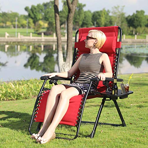 GOLDSUN Comfortable Oversize XL Padded Zero Gravity Lounge Heavy Duty Adjustable Patio Recliner Chair with Cup Holder Support 350lbs,Red