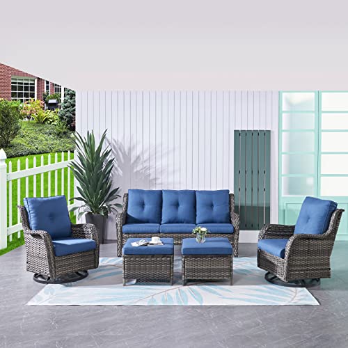 HUMMUH Patio Furniture 5 Pieces Outdoor Furniture Set Wicker Outdoor Sectional Couch with Patio Swivel Rocking Chairs,Ottomans for Patio