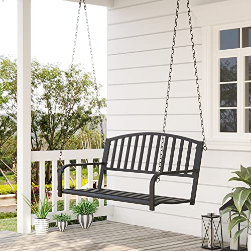 Outsunny 2 Person Front Porch Swing Patio Swing Bench, Outdoor Steel Swing Chair with Sturdy Chains, for Backyard, Deck, 528 lb Weight Capacity, Black