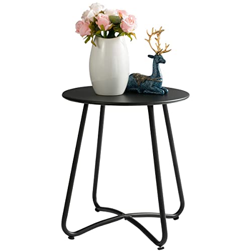 HollyHOME Small Round Patio Metal Side Snack Table, Accent Anti-Rust Steel Coffee Table for Garden, Modern Weatherproof Outdoor End Table, (H) 17.55" x(D) 15.60", Black