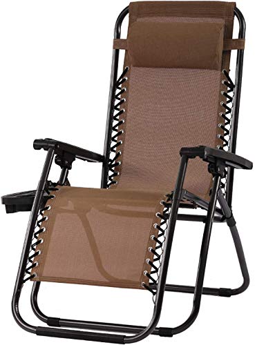 Zero Gravity Chair Recliners,Outdoor Lounge Patio Chairs, Adjustable Folding Anti Gravity Locking Chaise Recliners for Deck Beach Pool, Mesh Lounge Beach Chair with Cup Holders Pillows (1 Pack,Brown)