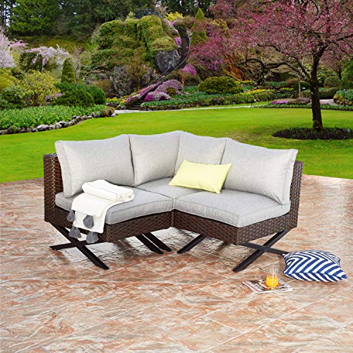 LOKATSE HOME Rattan Corner Sofa X Shape Leg Outdoor Furniture Patio Left-arm Chair with Cushions for Garden, Pool, Backyard, Brown