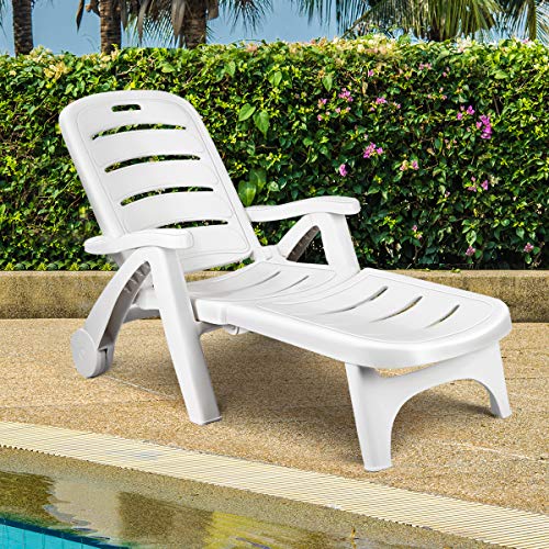 RELAX4LIFE Lounge Chair for Outside Patio Pool Beach W/Wheels and Armrests 5 Adjustable Position Reclining Chaise Lounge