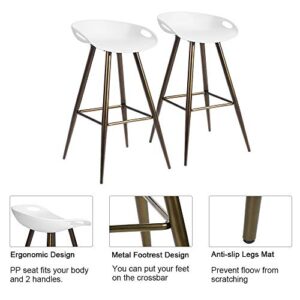 Set of 2 Bar Stools, 32.3" Simple Modern Style High Counter Stool with Low Backrest & Footrest & Metal Legs & PP Seat, Portable Barstools for Kitchen Island Patio Balcony, White & Bronze