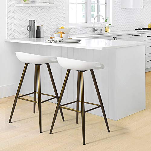 Set of 2 Bar Stools, 32.3" Simple Modern Style High Counter Stool with Low Backrest & Footrest & Metal Legs & PP Seat, Portable Barstools for Kitchen Island Patio Balcony, White & Bronze