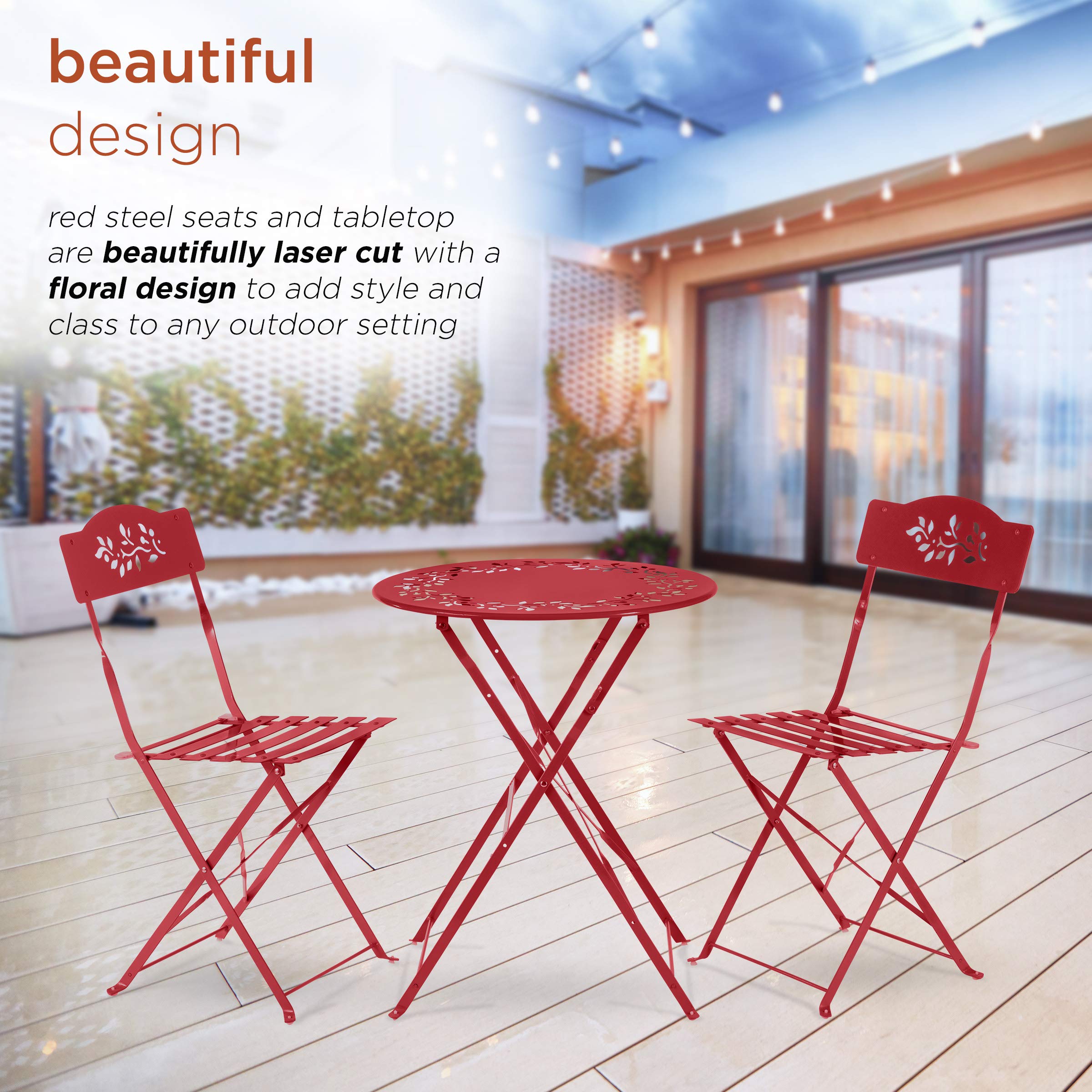 Alpine Corporation MSY100A-RD Bistro Set, Table: 24" L x 24" W x 28" H Chair: 17" L 18" W x 33" H, Red