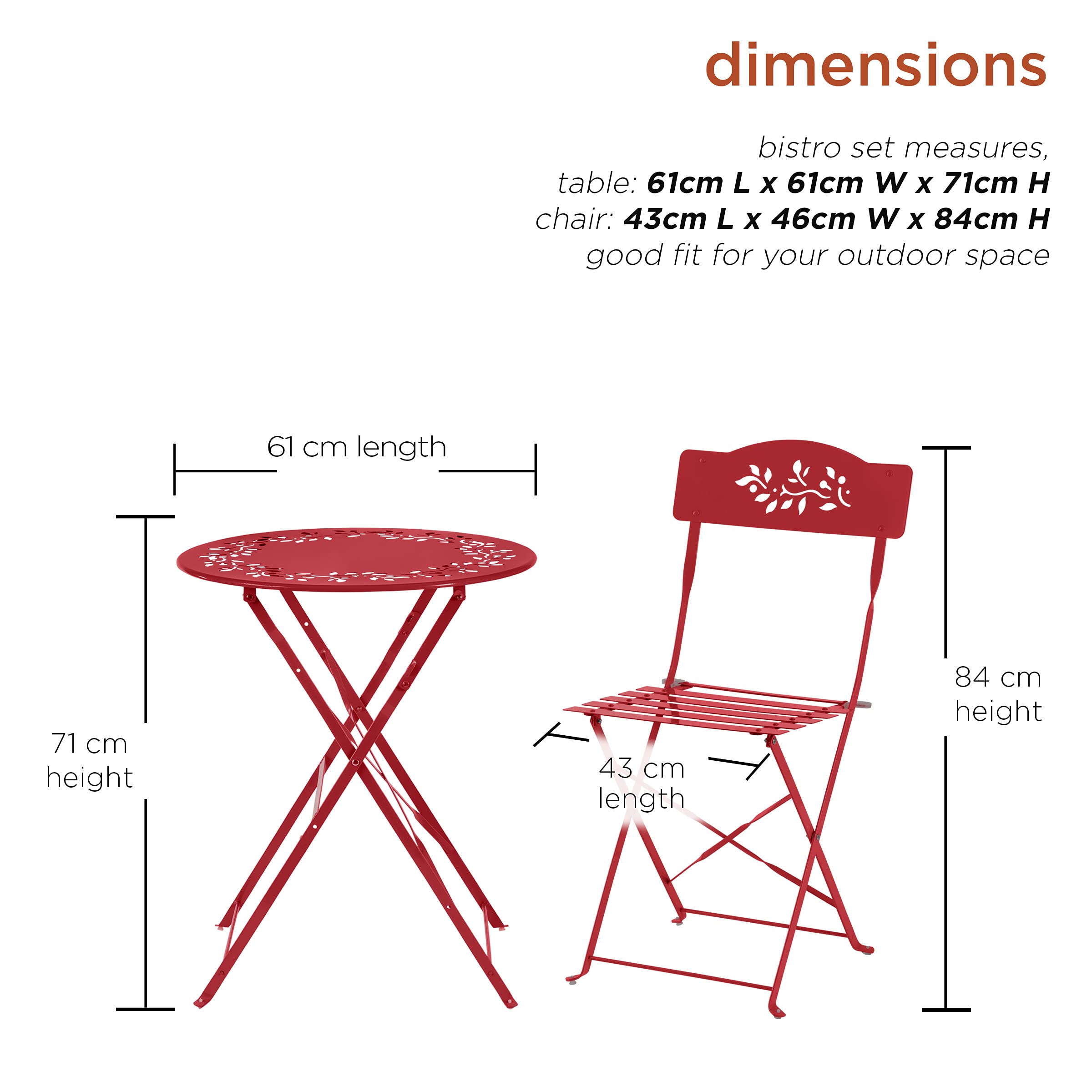 Alpine Corporation MSY100A-RD Bistro Set, Table: 24" L x 24" W x 28" H Chair: 17" L 18" W x 33" H, Red