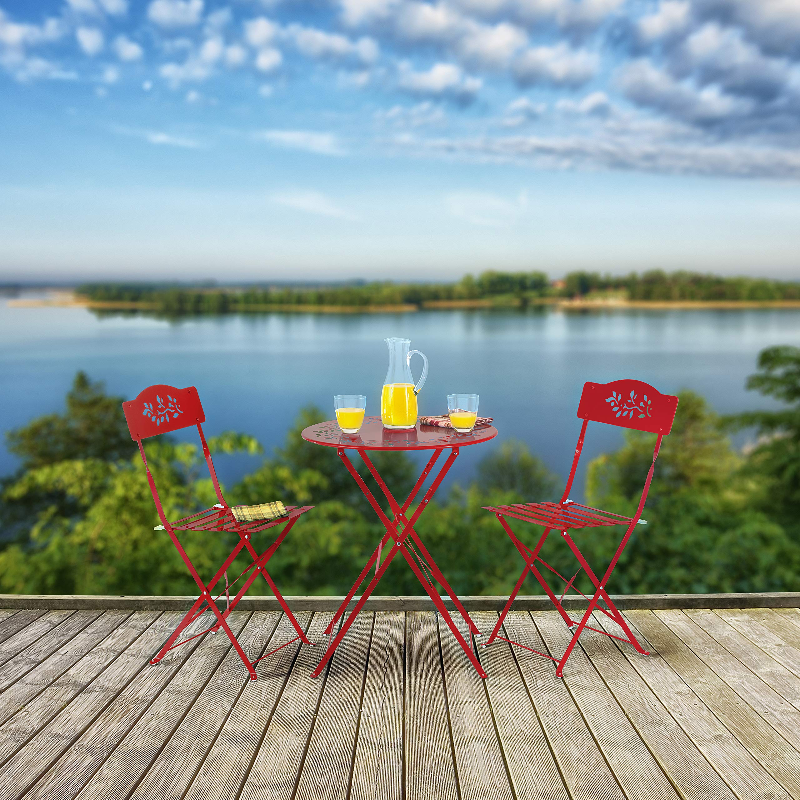 Alpine Corporation MSY100A-RD Bistro Set, Table: 24" L x 24" W x 28" H Chair: 17" L 18" W x 33" H, Red