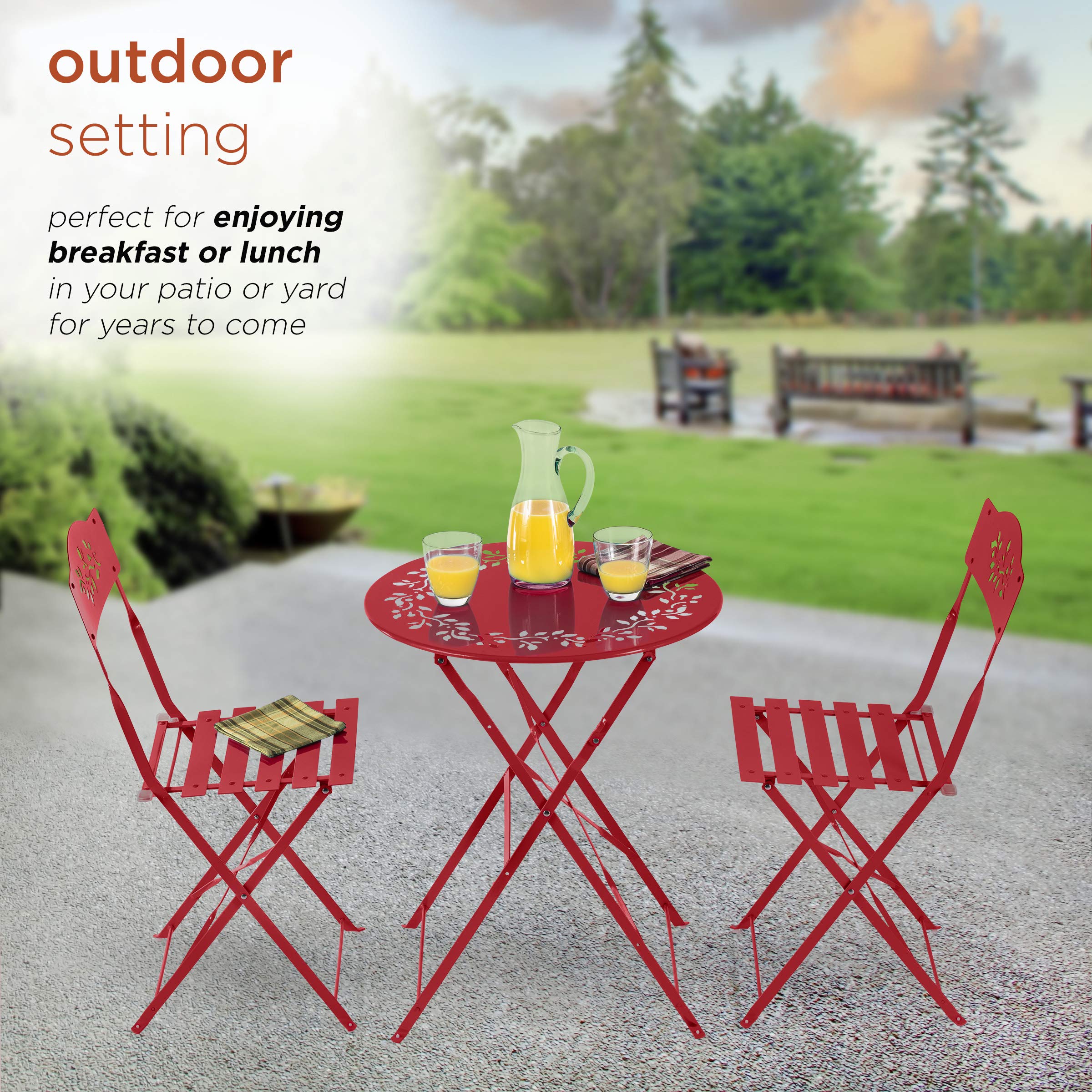 Alpine Corporation MSY100A-RD Bistro Set, Table: 24" L x 24" W x 28" H Chair: 17" L 18" W x 33" H, Red