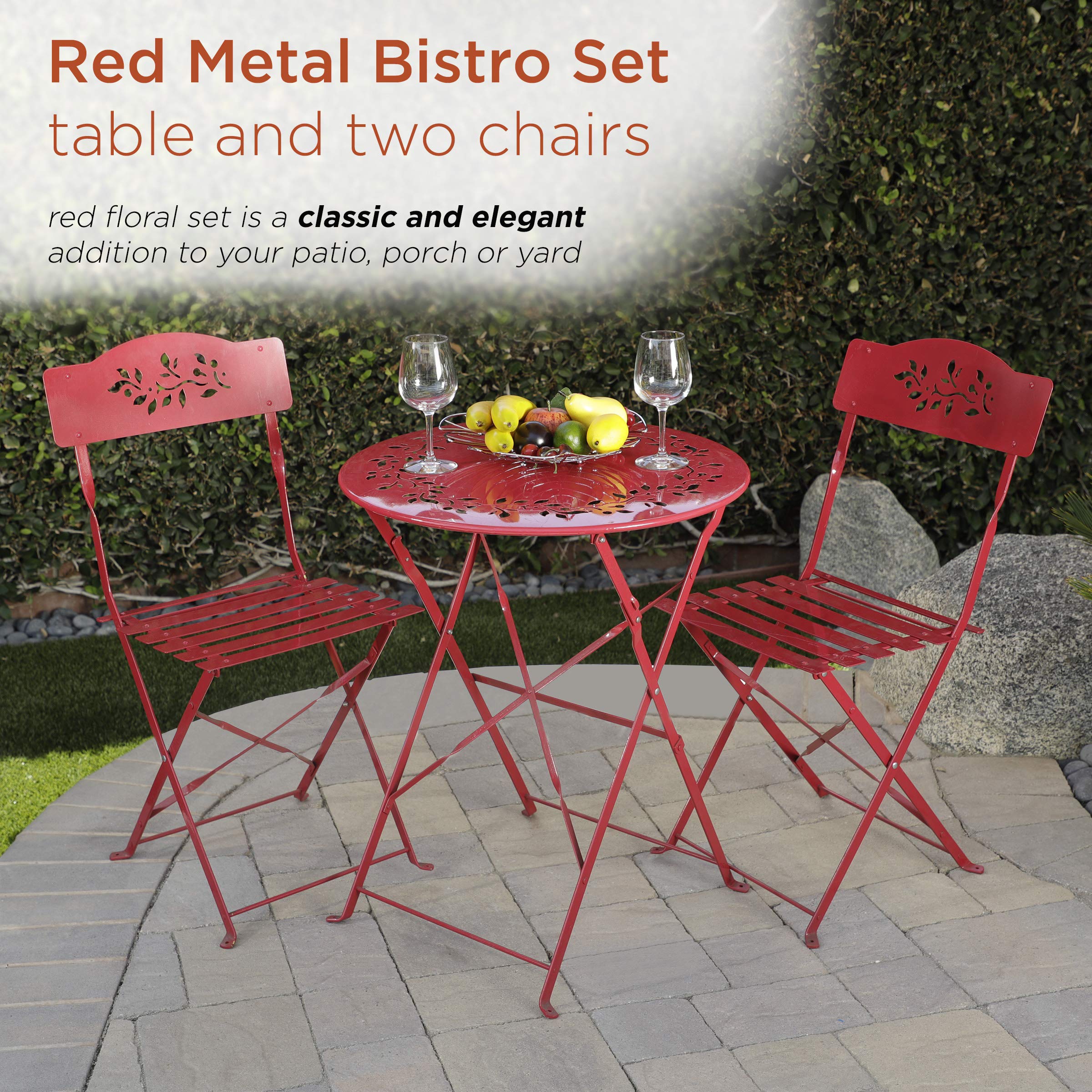 Alpine Corporation MSY100A-RD Bistro Set, Table: 24" L x 24" W x 28" H Chair: 17" L 18" W x 33" H, Red