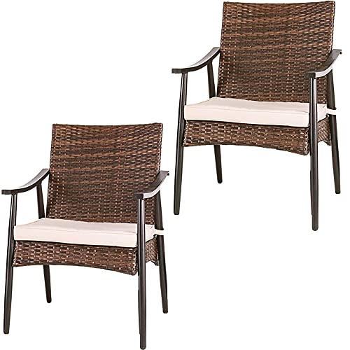 Sundale Outdoor Brown Wicker High Back Chairs with Cushions Set of 2, Patio All Weather PE Rattan Dining Bistro Chairs with Ergonomic Armrest for Indoor Outdoor