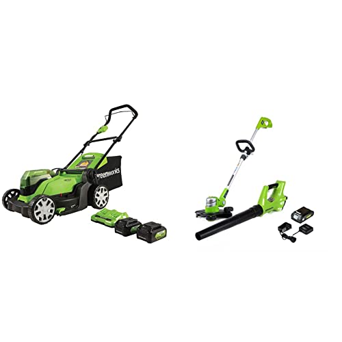 Greenworks 2 x 24V (48V) 17" Cordless Lawn Mower, (2) 4.0Ah USB Batteries (USB Hub) & 24V Cordless String Trimmer and Blower Combo Pack, 2Ah Battery and Charger Included STBA24B210