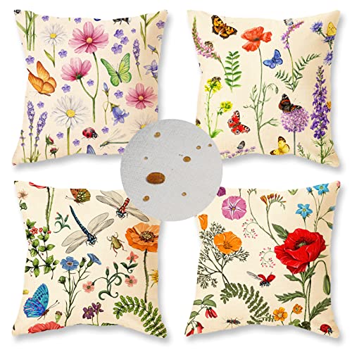 ONWAY Spring Summer Outdoor Waterproof Pillow Covers 20x20 Inch Set of 4 Floral Farmhouse Throw Pillows Decorative Cushion Cases for Outdoor Couch Sofa Patio Furniture Home Decoration