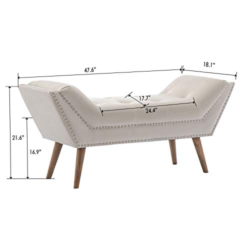 Kmax Upholstered Bedroom Bench with Arms, Button Tufted Velvet Fabric Vanity Bench with Nailhead Trim & Rubber Wood Legs, Cream