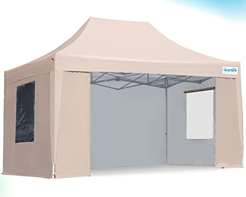 Quictent Privacy 10x15 ft Ez Pop up Canopy Tent Enclosed Outdoor Instant Shelter Party Tent Event Gazebo with Sidewalls and Mesh Windows Waterproof (Beige)