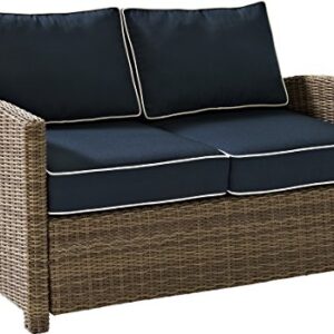 Crosley Furniture KO70022WB-NV Bradenton Outdoor Wicker Loveseat, Brown with Navy Cushions