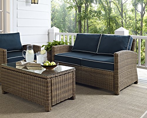 Crosley Furniture KO70022WB-NV Bradenton Outdoor Wicker Loveseat, Brown with Navy Cushions