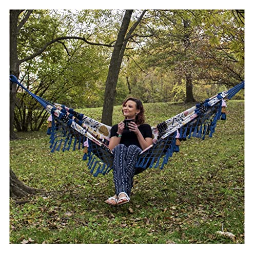 Equip Jacquard Bohemian Macrame Hammock, Blue Patchwork Print, Size 126 in. L x 59 in. W