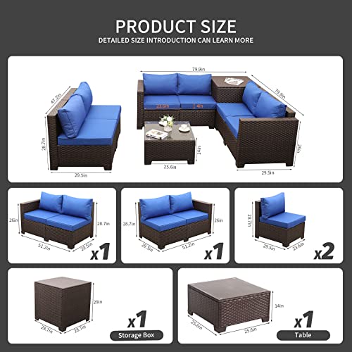 Patio PE Wicker Furniture Set 6 Piece Outdoor Brown Rattan Sectional Loveseat Couch Conversation Sofa Chair with Storage Box and Glass Top Coffee Table, Non-Slip Royal Blue Cushion