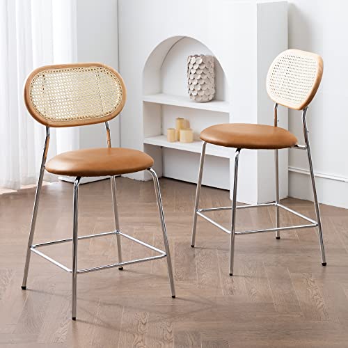 Indoor/Outdoor Faux Leather Bar Stools Set of 2,Rattan and Wood Backrest with Metal Legs, Modern Upholstered Round seat Chair Counter Height Barstool for Bistro Home Restaurant,24",Whiskey Brown