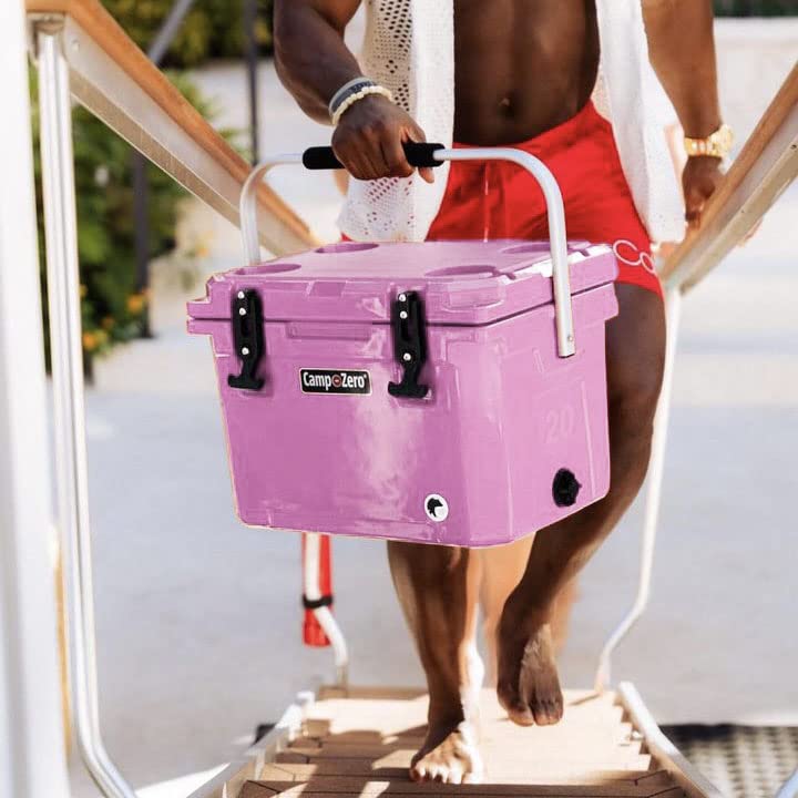 CAMP-ZERO 20L | 21.13 Quart Premium Cooler with 4 Molded-in Cup Holders & Folding Aluminum Handle | Thick Walled, Freezer Grade Cooler w/Secure Locking System & Tie Down Channels (Pink)