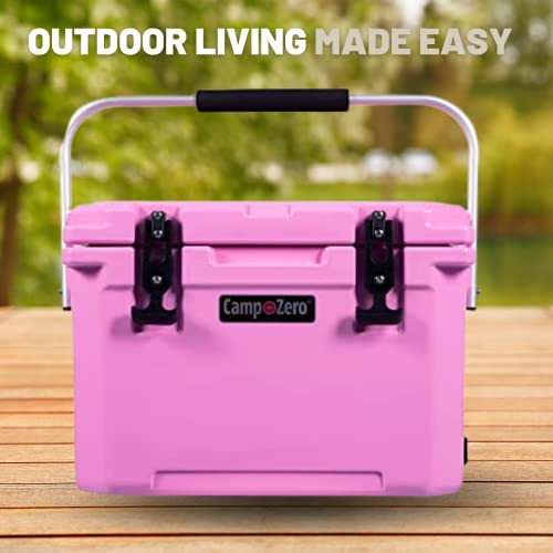 CAMP-ZERO 20L | 21.13 Quart Premium Cooler with 4 Molded-in Cup Holders & Folding Aluminum Handle | Thick Walled, Freezer Grade Cooler w/Secure Locking System & Tie Down Channels (Pink)