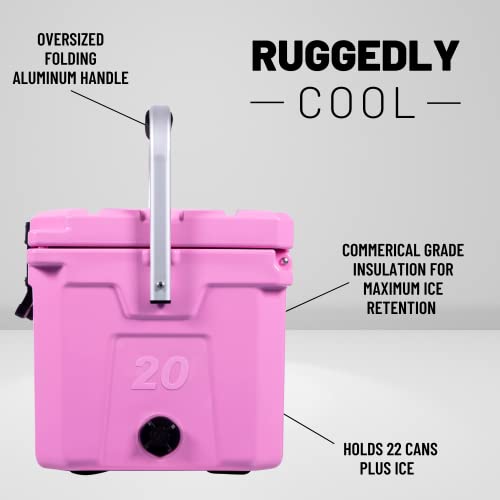 CAMP-ZERO 20L | 21.13 Quart Premium Cooler with 4 Molded-in Cup Holders & Folding Aluminum Handle | Thick Walled, Freezer Grade Cooler w/Secure Locking System & Tie Down Channels (Pink)