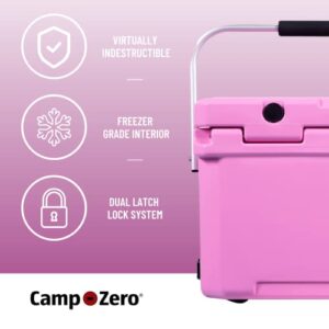 CAMP-ZERO 20L | 21.13 Quart Premium Cooler with 4 Molded-in Cup Holders & Folding Aluminum Handle | Thick Walled, Freezer Grade Cooler w/Secure Locking System & Tie Down Channels (Pink)