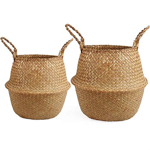 BlueMake 2Pack Woven Seagrass Belly Basket for Storage Plant Pot Basket,Laundry, Picnic Basket (Medium+Large)