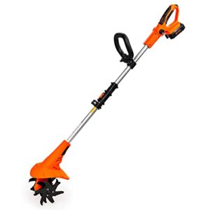 ukoke cordless tiller cultivator 20v 2.5 a battery 280 max rpm powered tiller cultivator, w/24 steel blade cultivate max tilling 5” deep path by 7.8” wide, orange, st1902