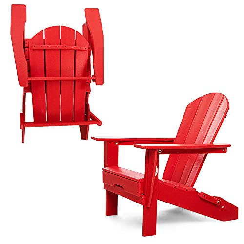 Resin TEAK Folding Adirondack Chair, Premium All Weather Outdoor Patio Furniture, 21 Inch Wide Seat, Up to 350 lbs, Foldable Outdoor Patio Chairs, New Heritage Collection (Red)