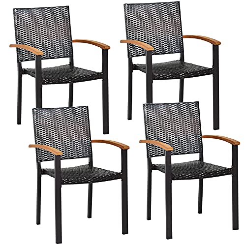 Tangkula 4 Pieces Stackable Patio Rattan Chair, Outdoor PE Wicker Dining Armchair W/Galvanized Steel Frame, Acacia-Topped Armrests, Indoor & Outdoor Wicker Chair for Patio Table, Yard (2, Mix Brown)