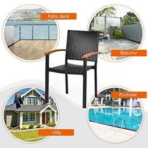 Tangkula 4 Pieces Stackable Patio Rattan Chair, Outdoor PE Wicker Dining Armchair W/Galvanized Steel Frame, Acacia-Topped Armrests, Indoor & Outdoor Wicker Chair for Patio Table, Yard (2, Mix Brown)