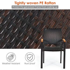 Tangkula 4 Pieces Stackable Patio Rattan Chair, Outdoor PE Wicker Dining Armchair W/Galvanized Steel Frame, Acacia-Topped Armrests, Indoor & Outdoor Wicker Chair for Patio Table, Yard (2, Mix Brown)