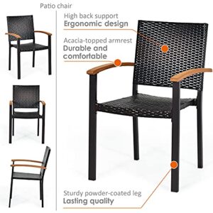 Tangkula 4 Pieces Stackable Patio Rattan Chair, Outdoor PE Wicker Dining Armchair W/Galvanized Steel Frame, Acacia-Topped Armrests, Indoor & Outdoor Wicker Chair for Patio Table, Yard (2, Mix Brown)