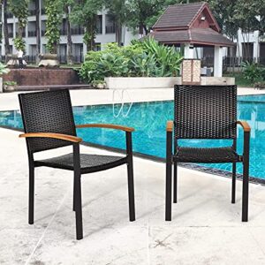 Tangkula 4 Pieces Stackable Patio Rattan Chair, Outdoor PE Wicker Dining Armchair W/Galvanized Steel Frame, Acacia-Topped Armrests, Indoor & Outdoor Wicker Chair for Patio Table, Yard (2, Mix Brown)