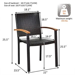 Tangkula 4 Pieces Stackable Patio Rattan Chair, Outdoor PE Wicker Dining Armchair W/Galvanized Steel Frame, Acacia-Topped Armrests, Indoor & Outdoor Wicker Chair for Patio Table, Yard (2, Mix Brown)