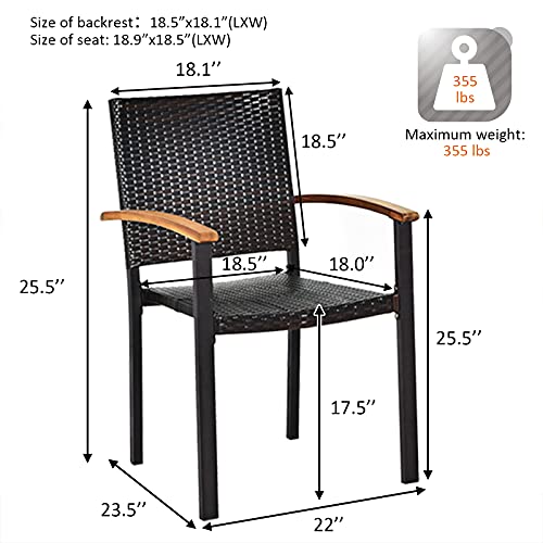 Tangkula 4 Pieces Stackable Patio Rattan Chair, Outdoor PE Wicker Dining Armchair W/Galvanized Steel Frame, Acacia-Topped Armrests, Indoor & Outdoor Wicker Chair for Patio Table, Yard (2, Mix Brown)