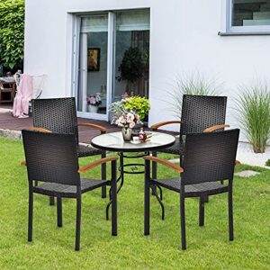 Tangkula 4 Pieces Stackable Patio Rattan Chair, Outdoor PE Wicker Dining Armchair W/Galvanized Steel Frame, Acacia-Topped Armrests, Indoor & Outdoor Wicker Chair for Patio Table, Yard (2, Mix Brown)