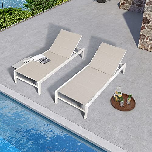 Ulaxfurniture Outdoor Lounge Chair, Aluminum Chaise Chair, Adjustable Lounger Recliner with Wheels and Padded Quick Dry Foam for Patio (2 x Chair, Beige)