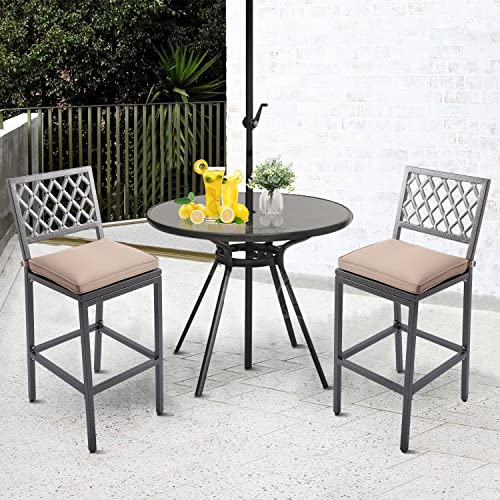 ONLYCTR Metal Dining Bar Stools, Outdoor Bar Height Stool, Indoor Outdoor Stools with High Back & Cushions, Hammered Gray Finish, 29" Barstools for Patio, Bistro