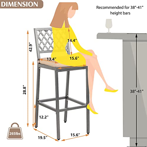 ONLYCTR Metal Dining Bar Stools, Outdoor Bar Height Stool, Indoor Outdoor Stools with High Back & Cushions, Hammered Gray Finish, 29" Barstools for Patio, Bistro