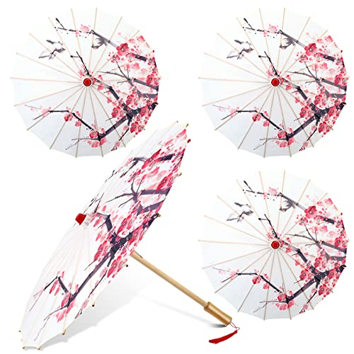 4Pcs Oiled Paper Umbrella Chinese Classical Plum Blossom Paper Umbrella Parasol Art Dance Japanese Umbrella for Wedding Decor (22 x 15 inches)